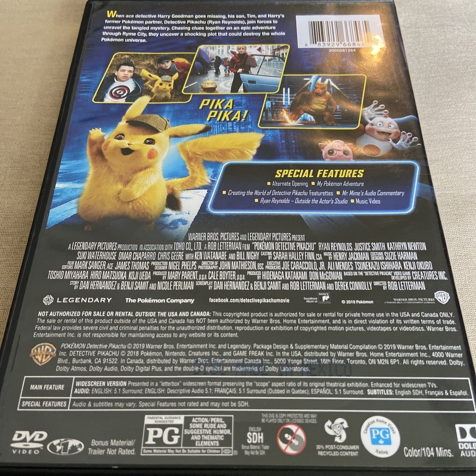 Pokémon Detective Pikachu (DVD, 2019) Ryan Reynolds Justice Smith ...