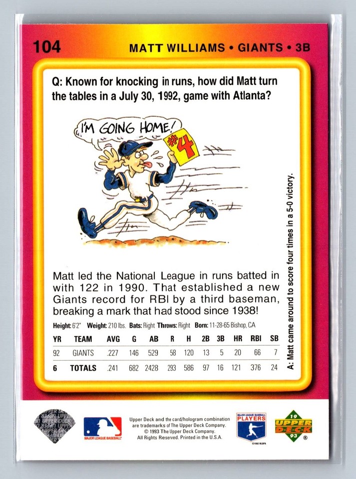 1993 Upper Deck Fun Pack #104 Matt Williams | eBay