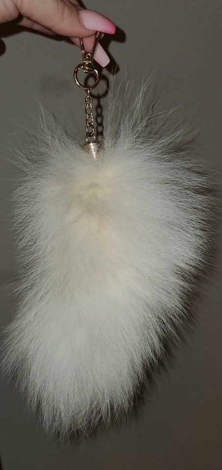 WHITE FUZZY FURRY KEY FOB KEY CHAIN GOLDTONE HARDWARE 7" L | eBay