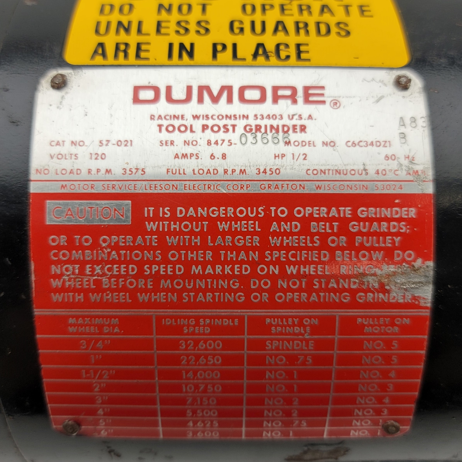 DUMORE 57-021 Model C6C34DZ1 Internal/External Tool Post Grinder ...