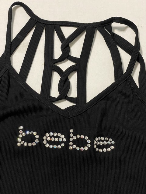 Bebe Ribbed Rhinestone Bling Logo Tank Top Stretchy Jet Black Size ...