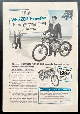 1949 WHIZZER Pacemaker Motor Bike vintage AD *The Sharpest Thing in ...