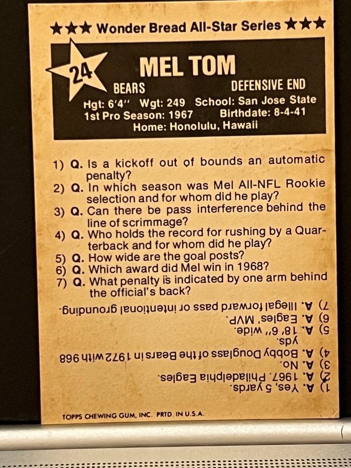 CHICAGO BEARS - Mel Tom #24 Bears - 1975 Topps Wonder Bread Football ...