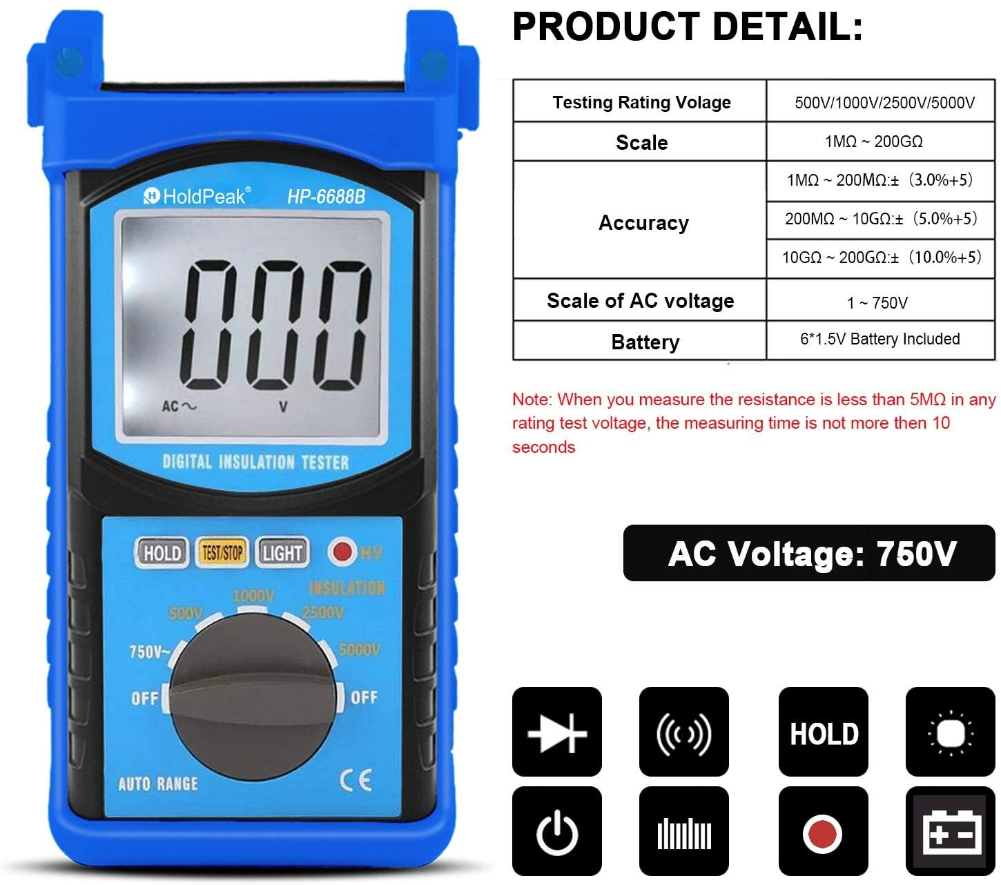 Holdpeak LCD Digital Insulation Resistance Tester 200GΩ 5000V Megger ...