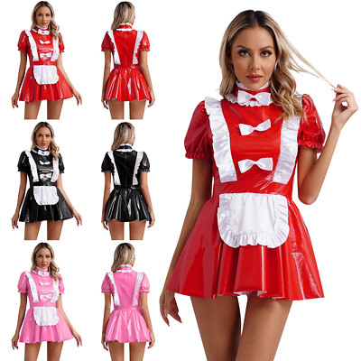 Women's Leather Frilly Apron Mini Dress French Maid Servant Cosplay ...