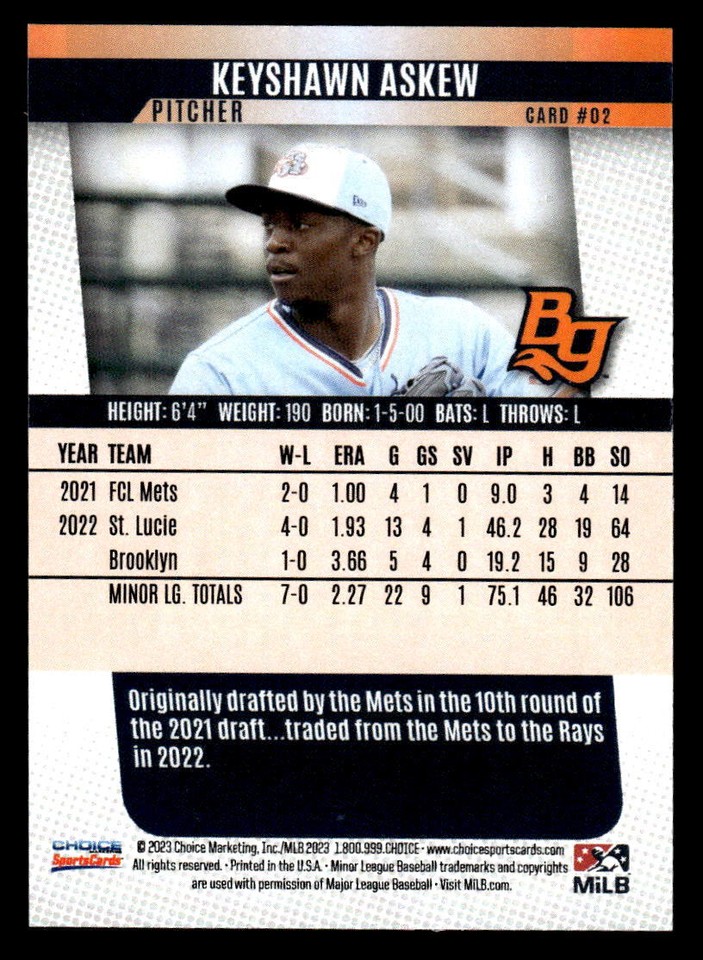 Keyshawn Askew 2023 Choice Bowling Green Hot Rods #2 Bowling Green Hot ...