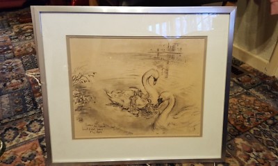 Framed James Forsyth 1913-2005 Graphite Drawing Hinds & Cygnets Bird ...
