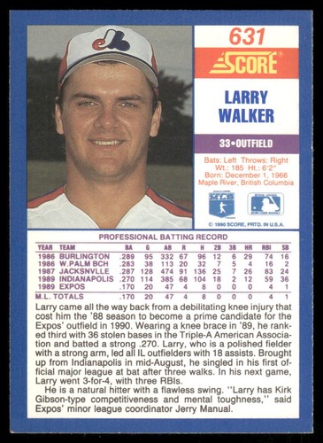 1990 Score Larry Walker #631 Montreal Expos | eBay