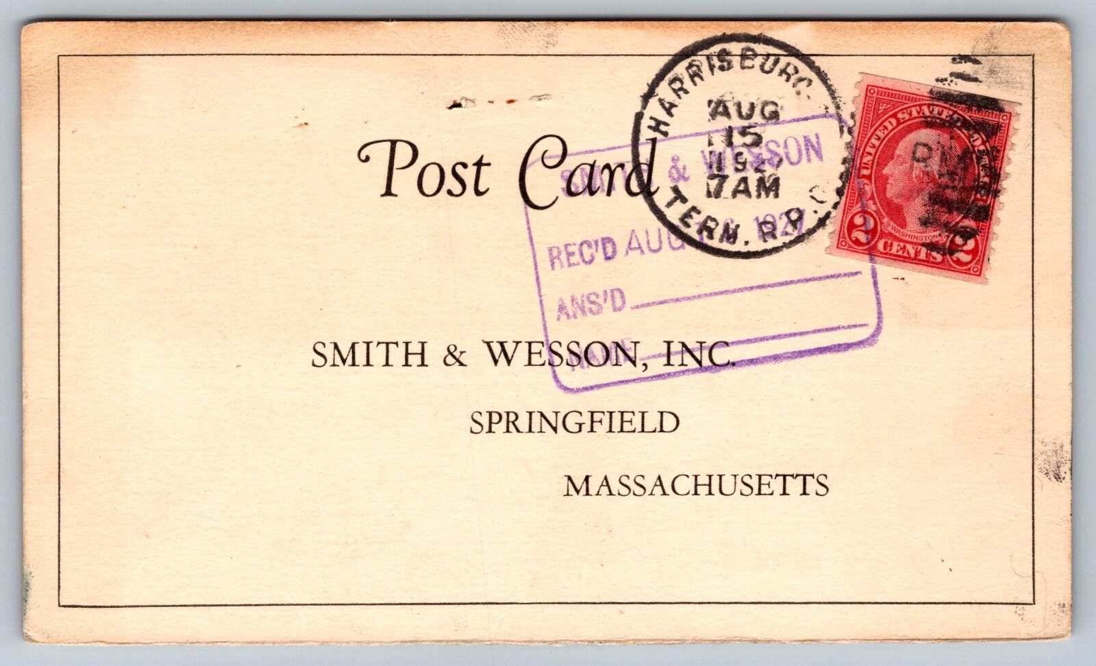 1927 SMITH & WESSON reply card 38 special HARRISBURG TERM RPO SMITH ...