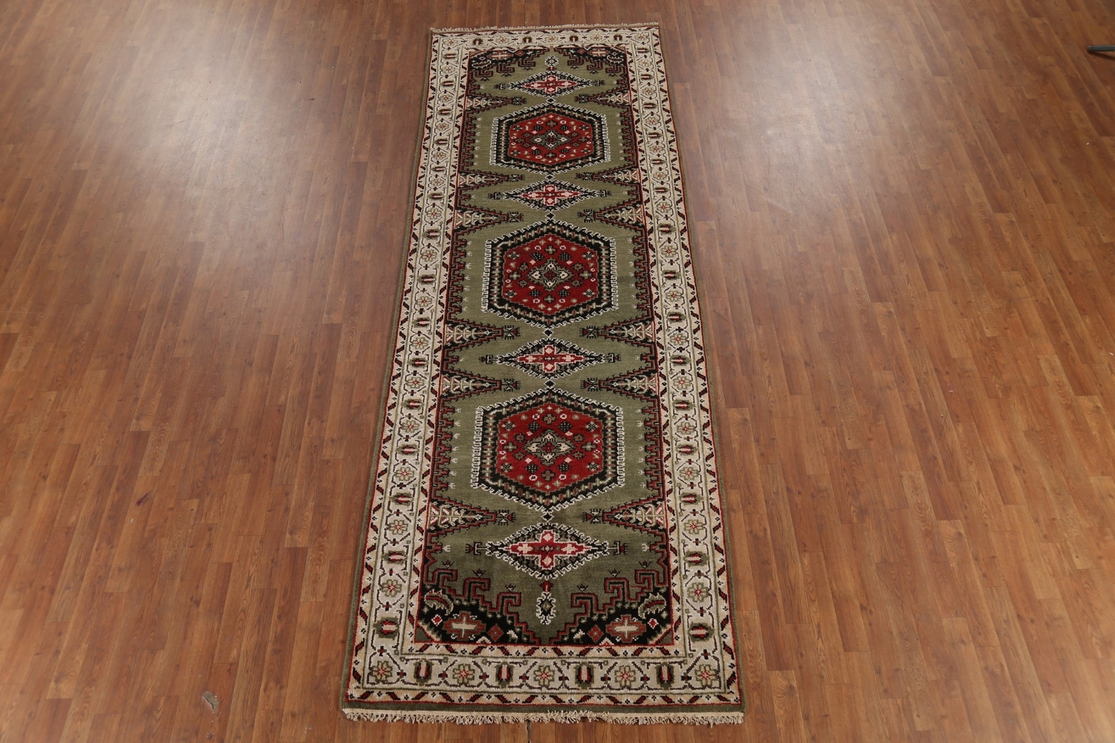 Olive Green Tribal Design Runner Rug Hand-made Wool Soft Pile 4x12 ft ...