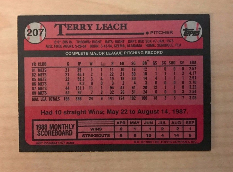 TERRY LEACH NEW YORK METS SIGNED AUTOGRAPHED 1989 TOPPS CARD #207 W/COA ...