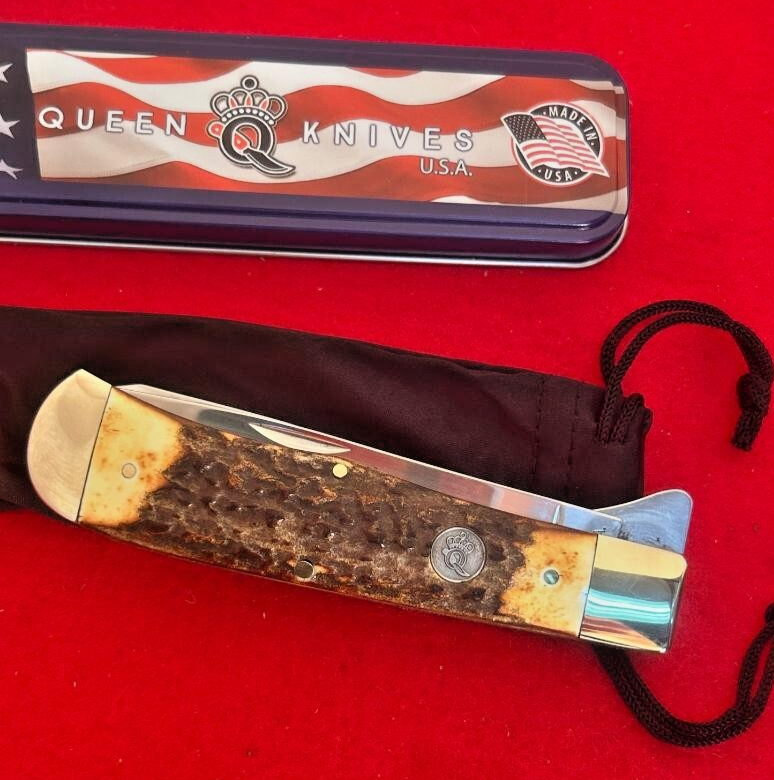 MADE IN USA QUEEN CUTLERY CO BURNT STAG JUMBO TRAPPER LINER LOCK 2 ...