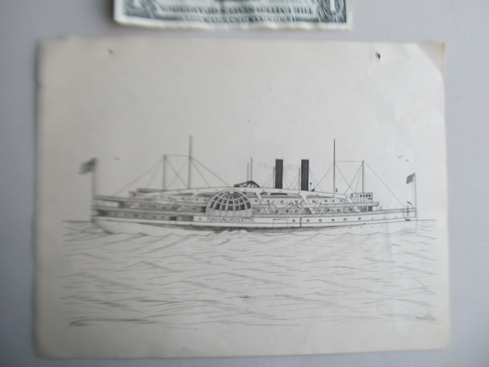 1905 Pen/Ink HAND DRAWING, Cape Cod, Long Island Steamship ...