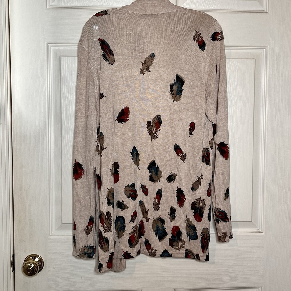 Cyrus Cardigan Sweater Womens 1X Falling Feathers Print Open Stretchy ...