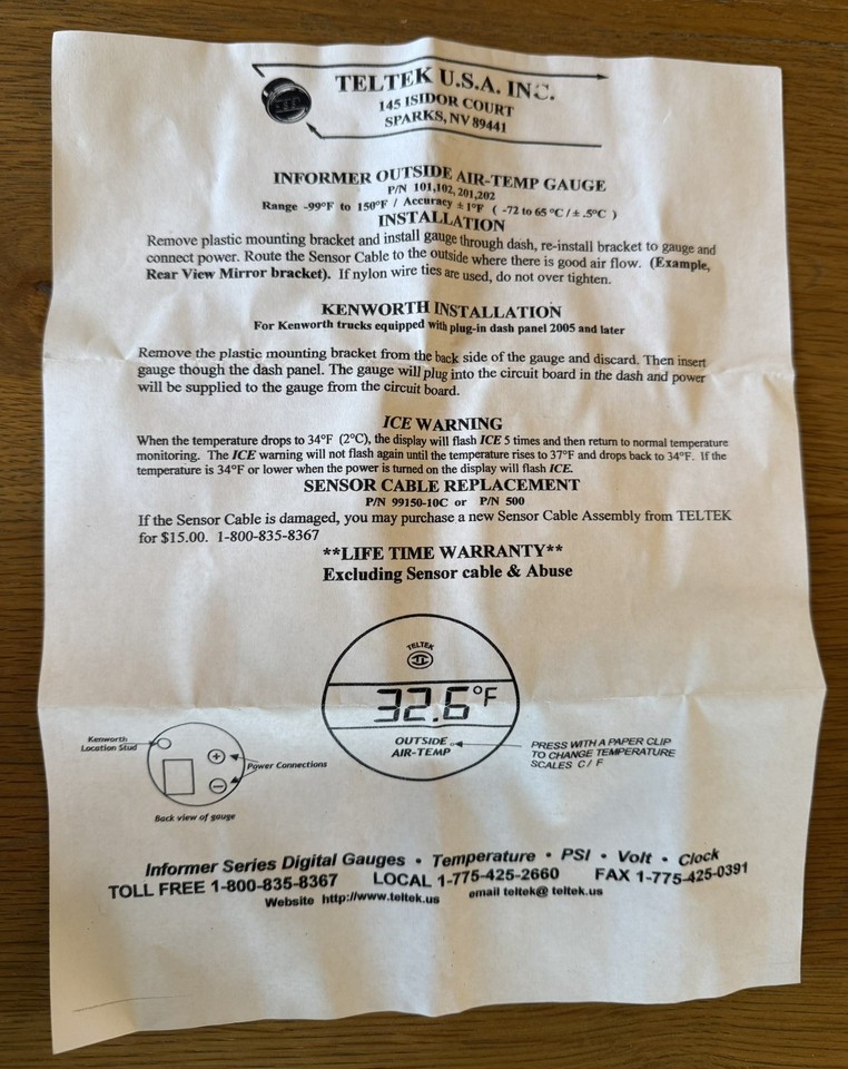 TELTEK RED OUTSIDE AIR TEMPERATURE GAUGE KENWORTH 2005 (and later) New ...