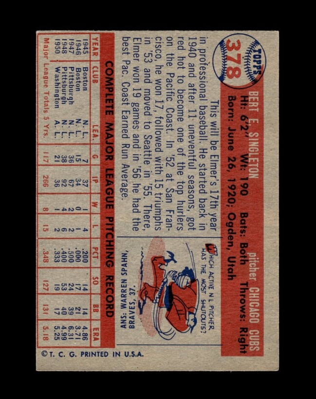 1957 Topps Set-Break #378 Elmer Singleton EX-EXMINT *GMCARDS* | eBay