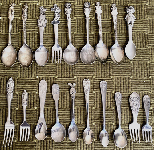 VTG 19 Baby Childs Spoons Fork Disney Campbell Gerber Mickey Goofy Yogi ...