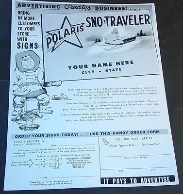 VINTAGE POLARIS SNO-TRAVELER ADVERTISING SIGNS SALES BROCHURE COPY (822 ...