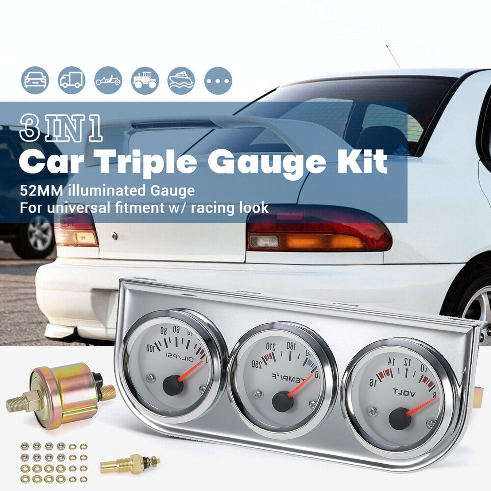 Universal 2"52mm Chrome Oil Pressure Water Temp Volt Meter Triple Gauge ...