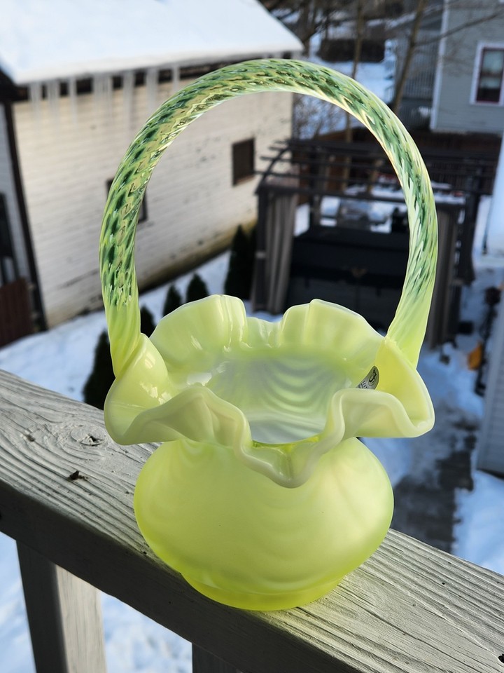 Fenton Art Glass Vaseline Uranium Topaz Opalescent Drapery Optic Basket ...
