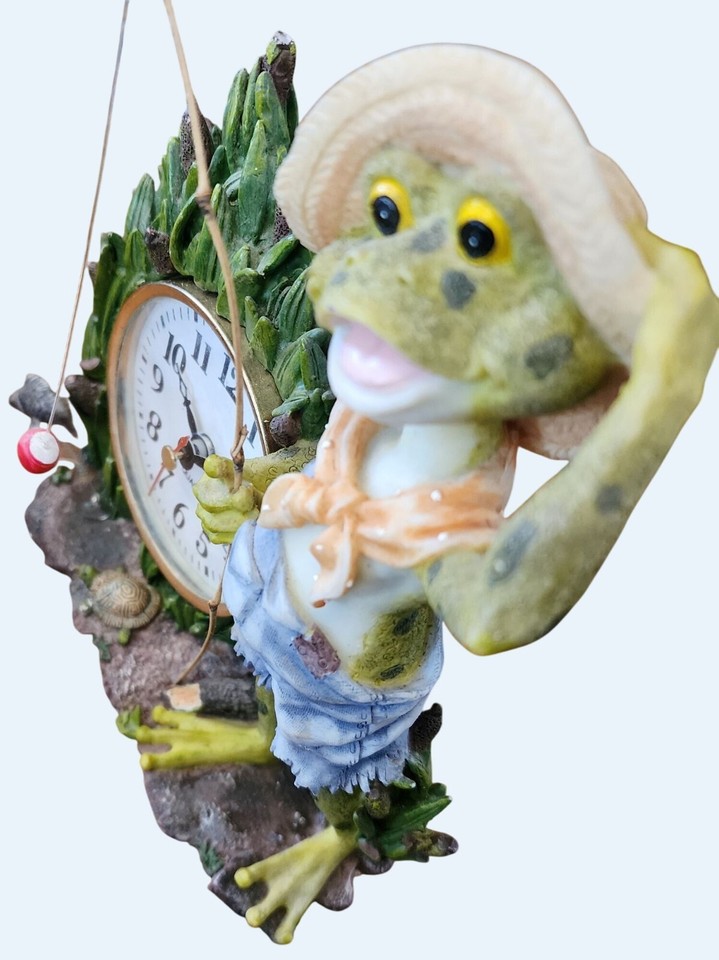 Vtg Frog Fishing Figurine Quartz Clock w Fishing Pole Bobber Hook ...
