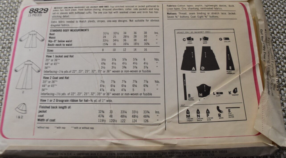 Simplicity 8829 Pattern Misses Unlined Raincoat Jacket Hat Sz 12 Uncut ...