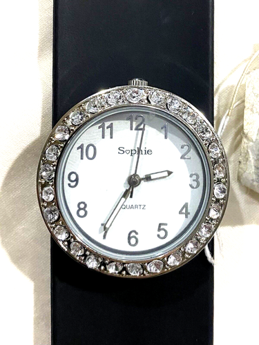 Sophie Quartz Watch Silver Tone Analog Dial Rhinestone Round Black Slap ...