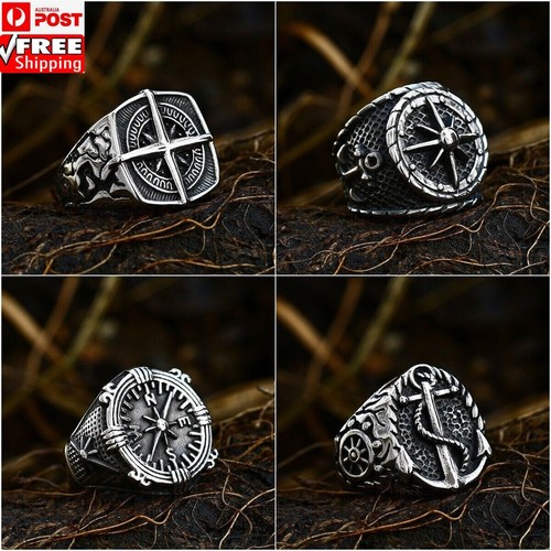 AU Men Titanium Steel Cool Viking Vintage Compass Anchor Retro Design ...