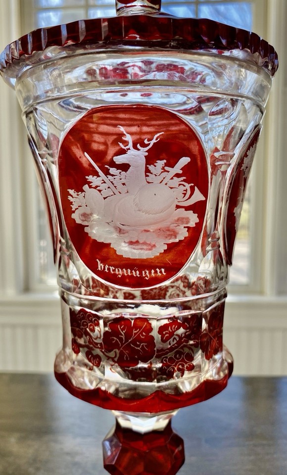 ANTIQUE MOSER BOHEMIAN CUT INTAGLIO STAINED RUBY GLASS HUNTING GOBLET ...