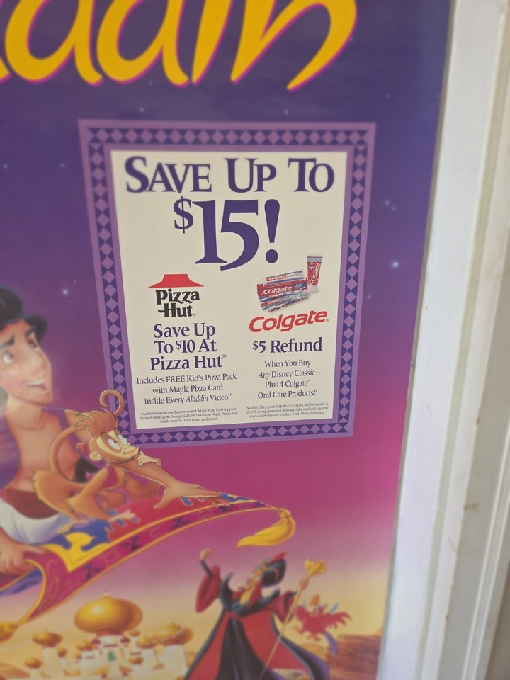 Poster: Aladdin: Walt Disney: Video Store/VHS original promo Pizza Hut ...