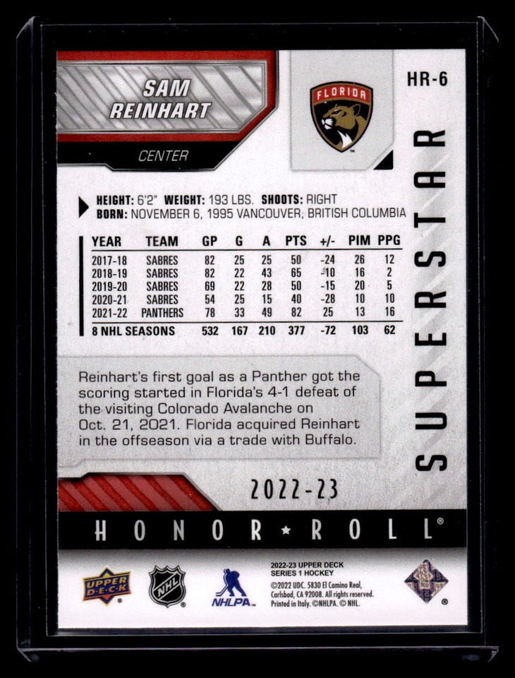 2022 UD Series 1 Superstar Honor Roll Sam Reinhart #HR-6 Florida ...
