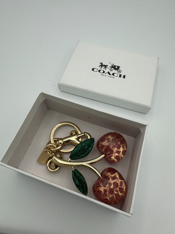 Coach Cherry Keychain Bag Charm Gold Glitter Red Pendant with Box | eBay