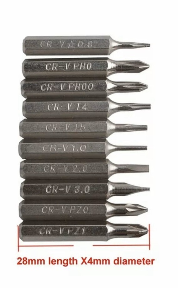 10pc Screwdriver Bits Set PH0,PH00,T4,T5,PZ0,PZ1,SL2,SL3,Point 1.0,P2 0 ...