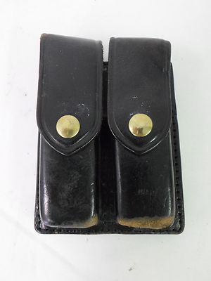 AKER 510-3 Double Magazine Pouch Case Black Leather Brass Snap Closure ...