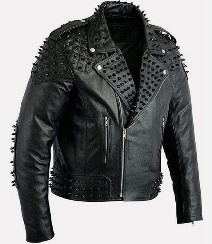 Men's New Genuine Black Cowhide Leather Motorbike Metal Spikes Biker ...