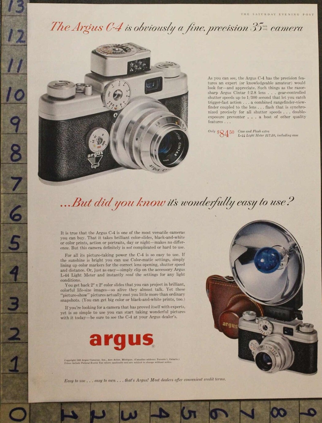 1956 ARGUS C-4 CAMERA PHOTOGRAPHY 35MM FLASH ANN ARBOR PICTURE CINTAR ...