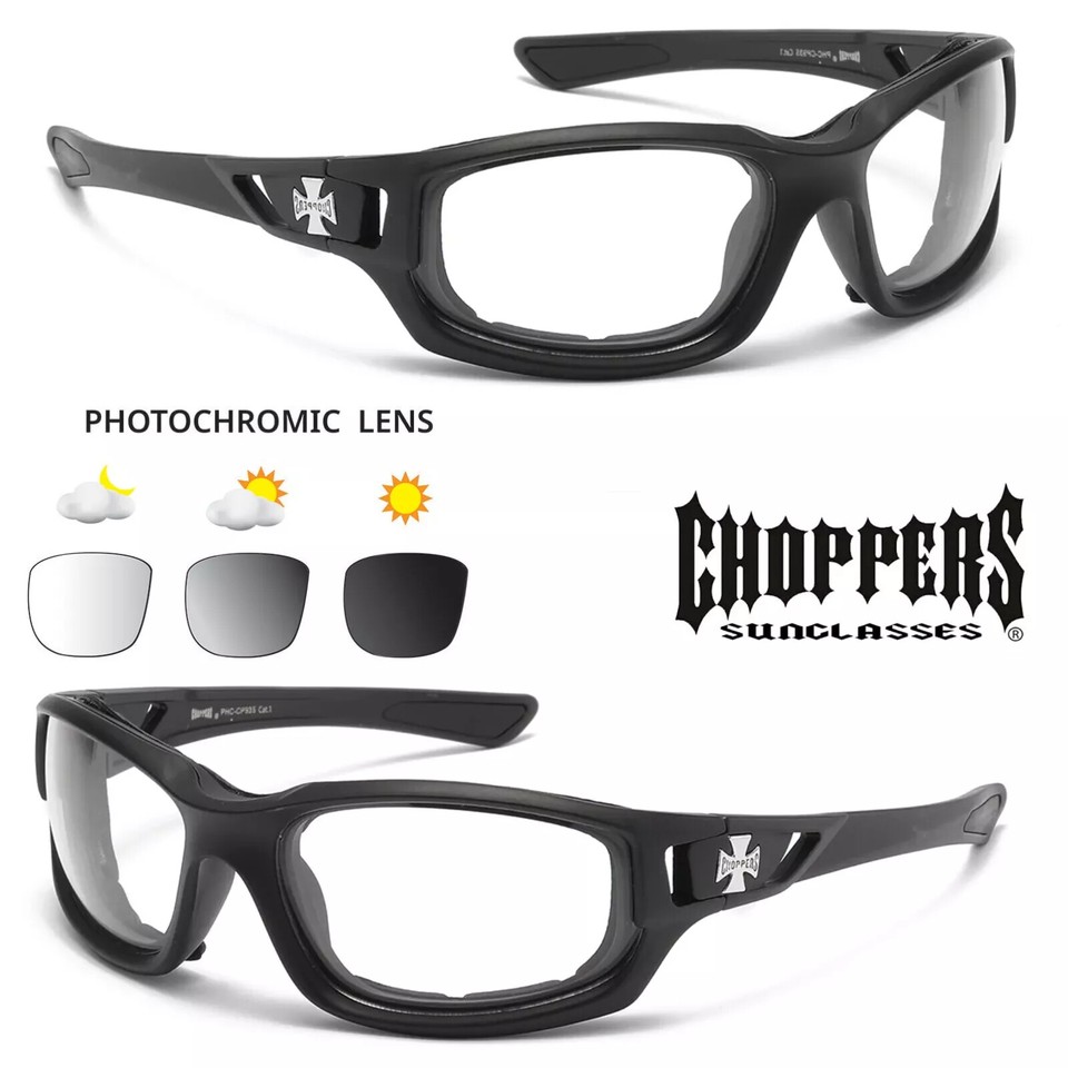Choppers Hybrid Padded Motorcycle Glasses Transitional Lenses Clear to ...