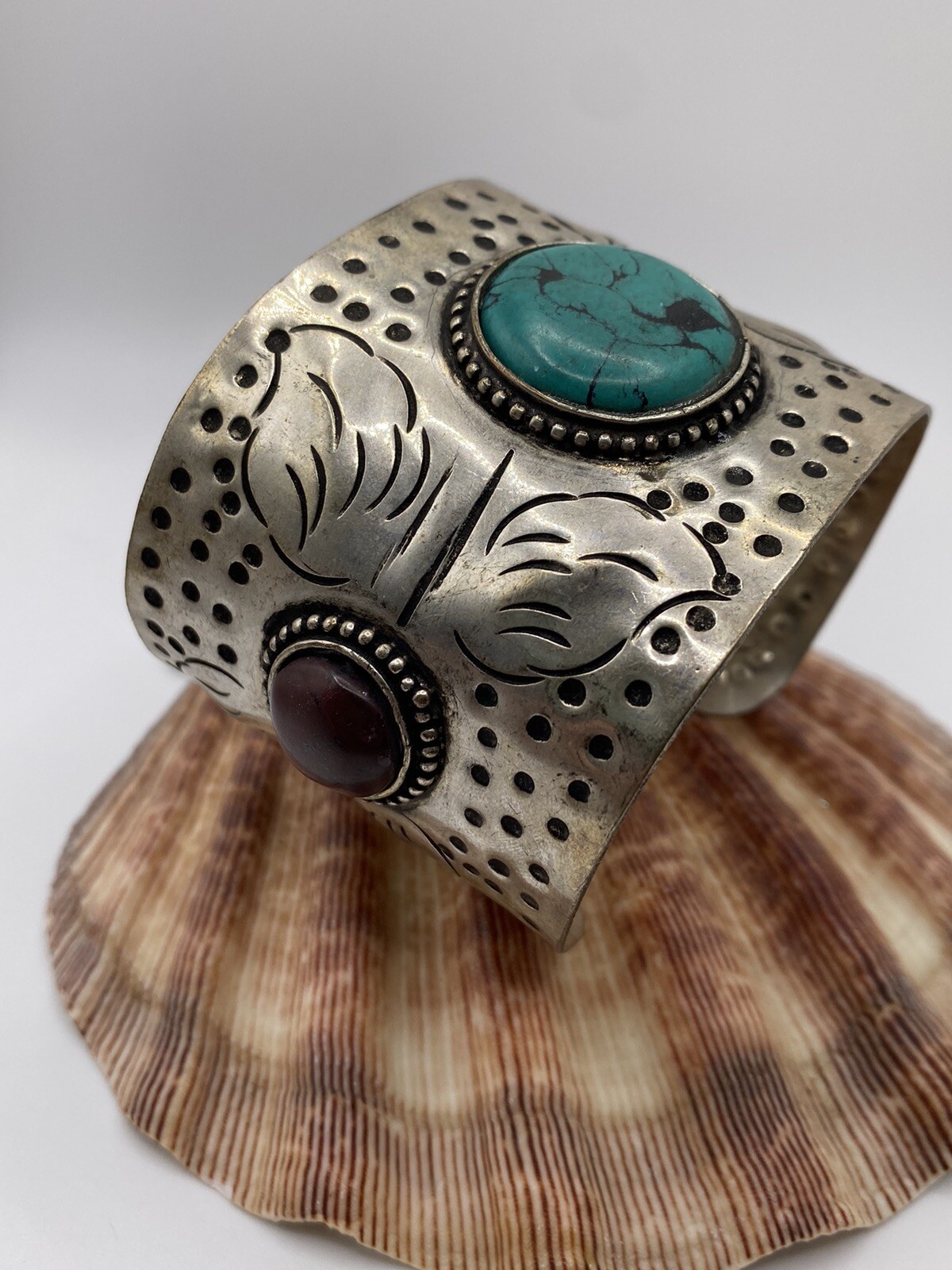 Wide Cuff Silver Tone Etched Metal Cuff Bracelet - Gem