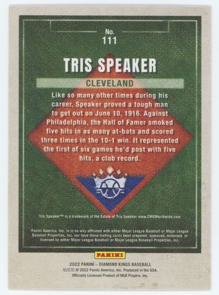 2022 PANINI DIAMOND KINGS TRIS SPEAKER CLEVELAND INDIANS #111 | eBay