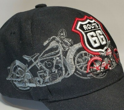 US Route 66 Motorcycle Hat Embroidered Cap One Size Fits All Black ...