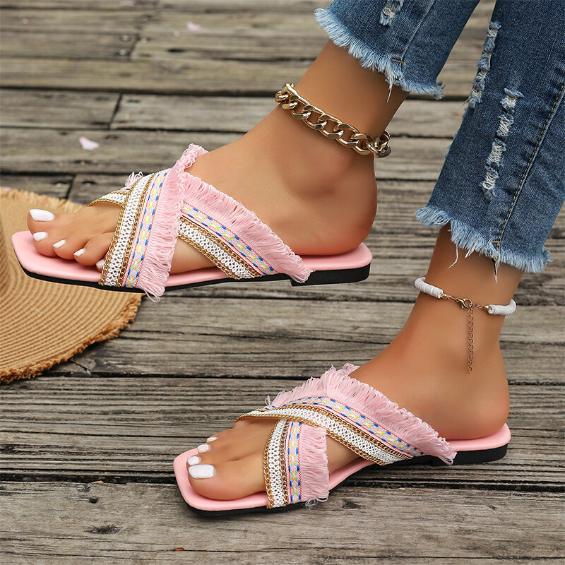 Ladies Slide Sandal Backless Flat Sandals Womens Slip On Bohemian Beach ...
