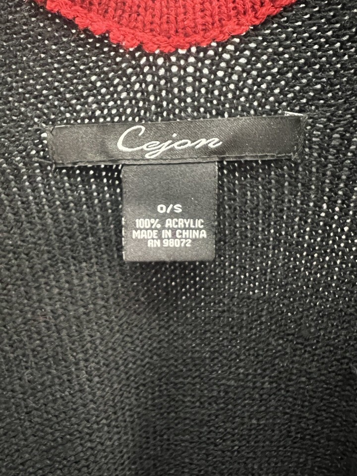 Cejon Knit Poncho Wrap Shawl Women's OS One Size Black Red Trim Open ...