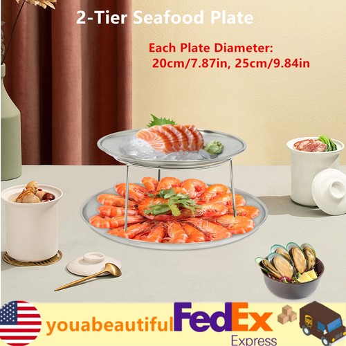 2 Tier Food Serving Riser Seafood Plate Round Plate Rack Silver Tray ...