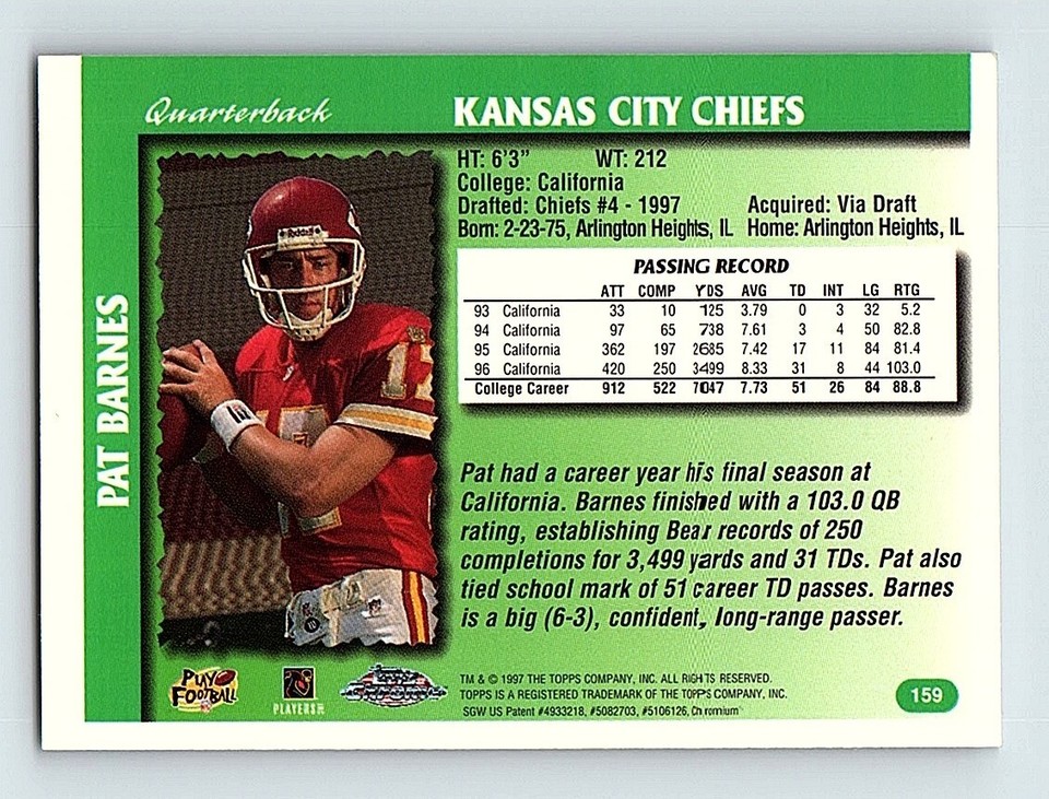 1997 Topps Chrome Draft Pick Pat Barnes Kansas City Chiefs #159 | eBay