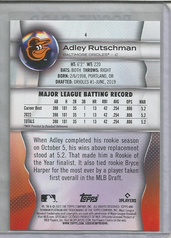 2023 Bowman/Platinum-ADLEY RUTSCHMAN-"True"-Rookie Card-#4-Orioles-Mint ...