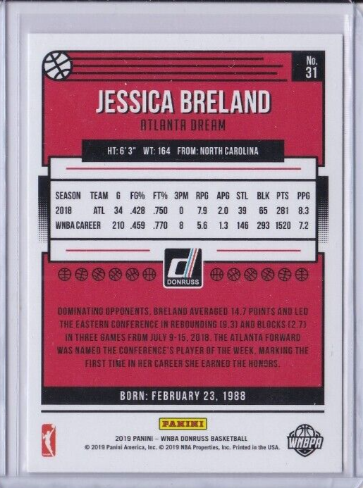 2019 PANINI DONRUSS WNBA #31 JESSICA BRELAND ATLANTA DREAM | eBay