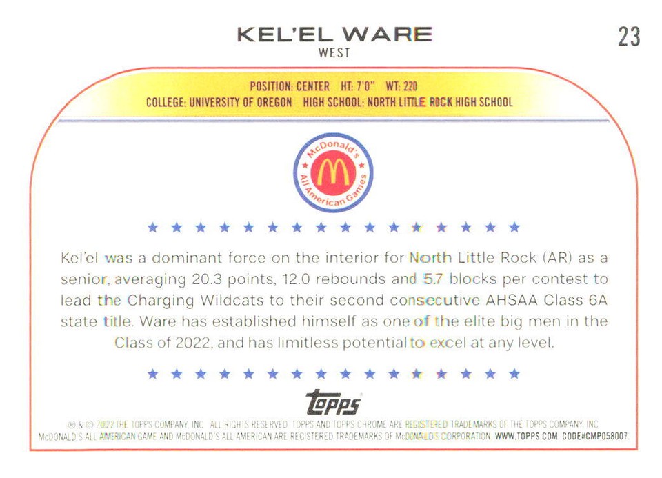 2022 Topps Chrome McDonald's All American #23 Kel'el Ware NBA DRAFTED ...