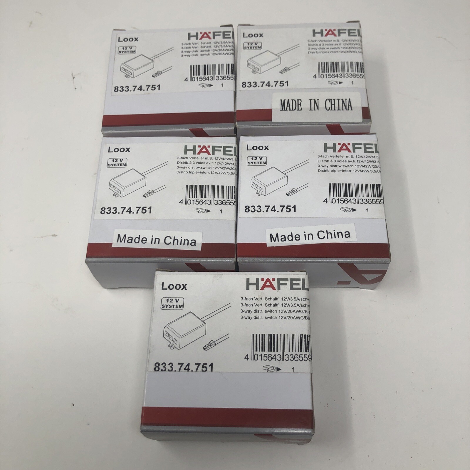 Lot of 5 Hafele 833.74.751 Loox Distributors 12V 3-Way or 6-Way ...