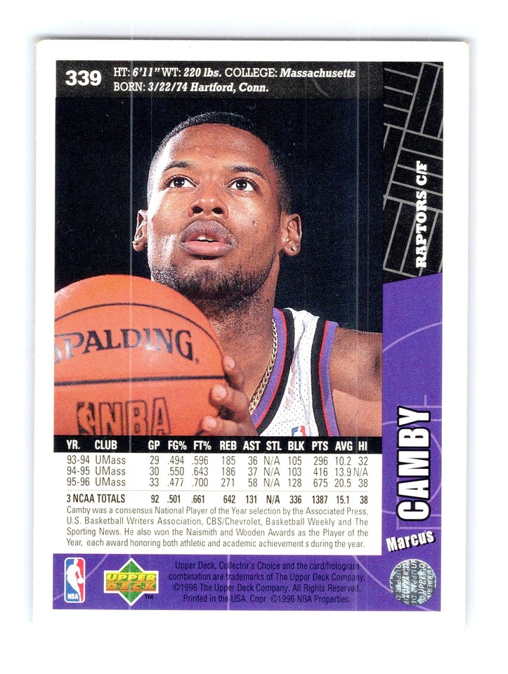 1996 Collector's Choice Basketball #339 Marcus Camby RC Toronto Raptors ...