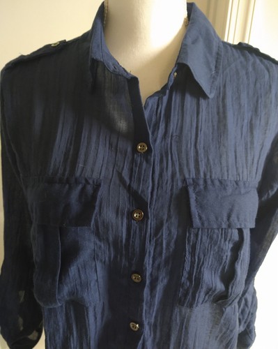 L.I.F.E. Blouse M Navy Blue Button Up Long Sleeve Sheer Lightweight ...